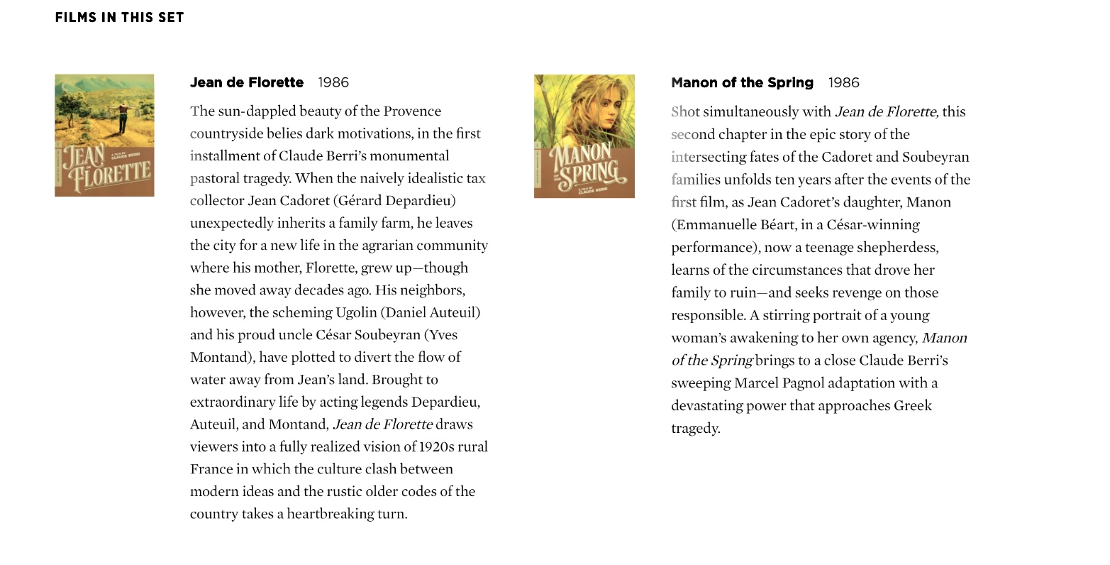 Jean de Florette / Manon of the Spring: Two Films by Claude Berri ...
